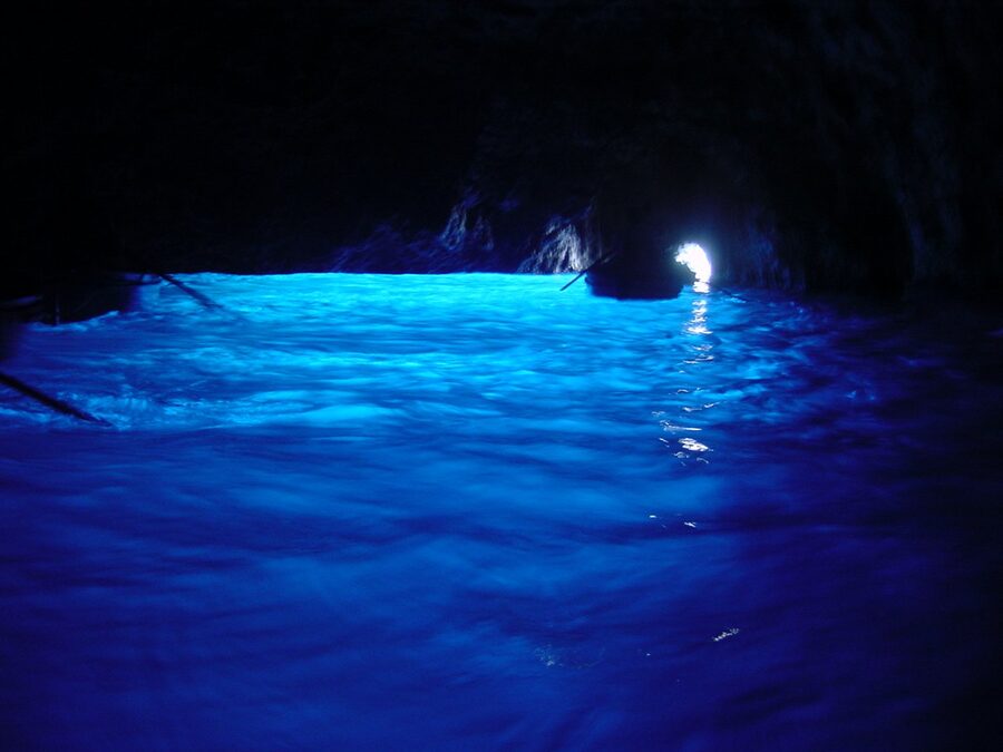 Inside the Blue Grotto Capri with blue light