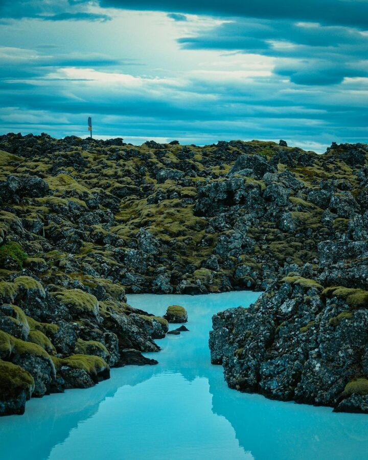 Blue Lagoon geothermal spa at twilight with steam rising over the water