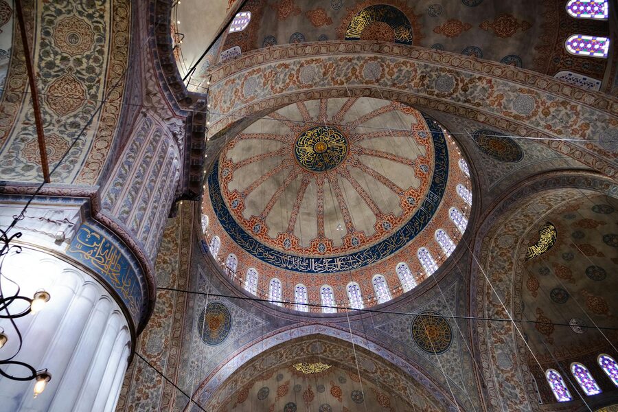Ottoman ceiling design in the Blue Mosque with intricate tile patterns