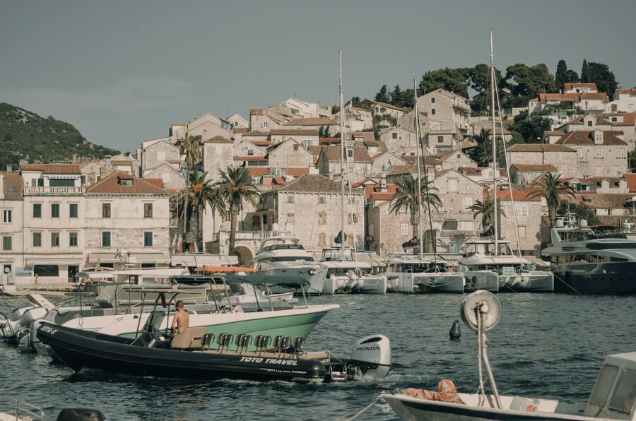 Motorboats moored in Hvar island harbor Croatia