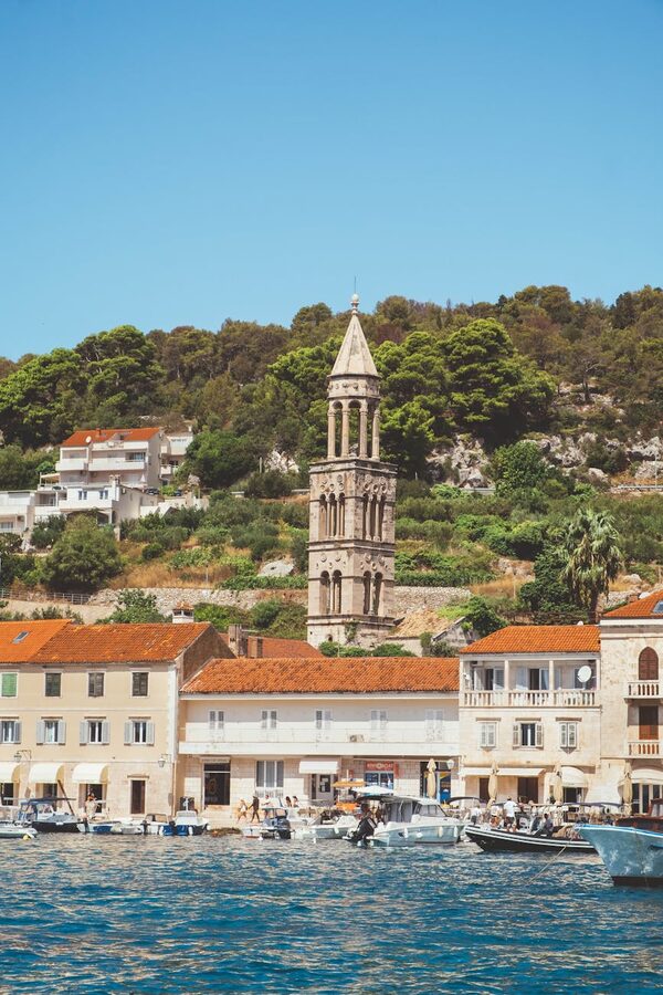 Bell tower in Hvar harbor Croatia
