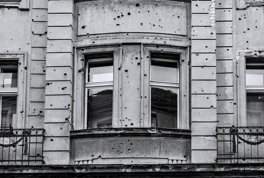Building facade in Berlin showing bullet holes from World War II