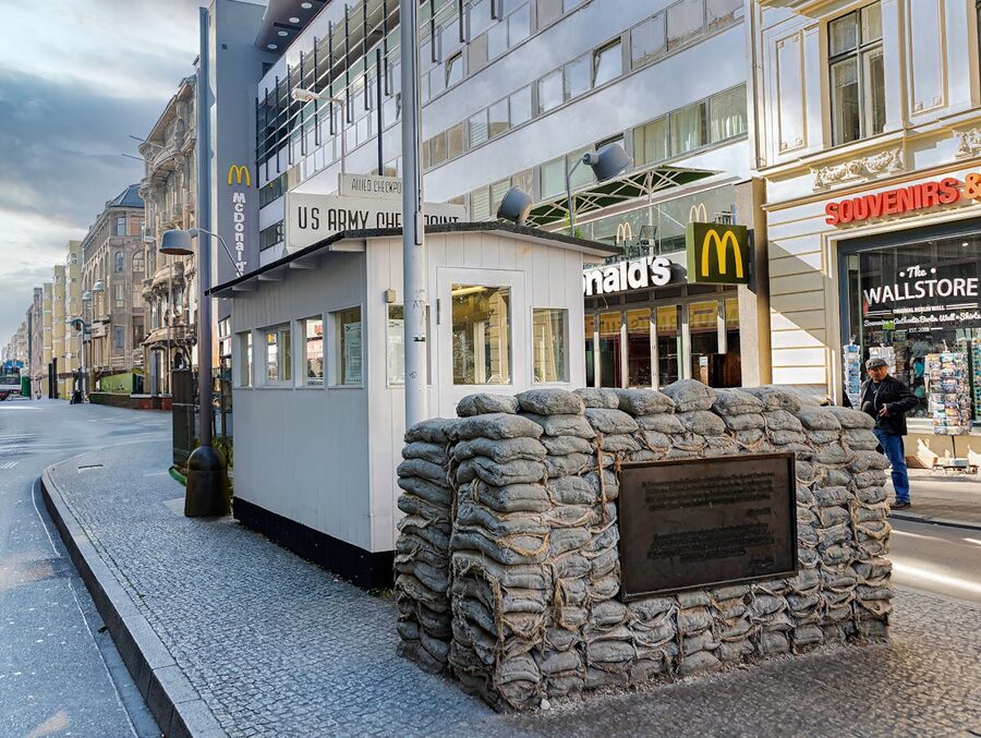 Wide street view of the Checkpoint Charlie area in Berlin