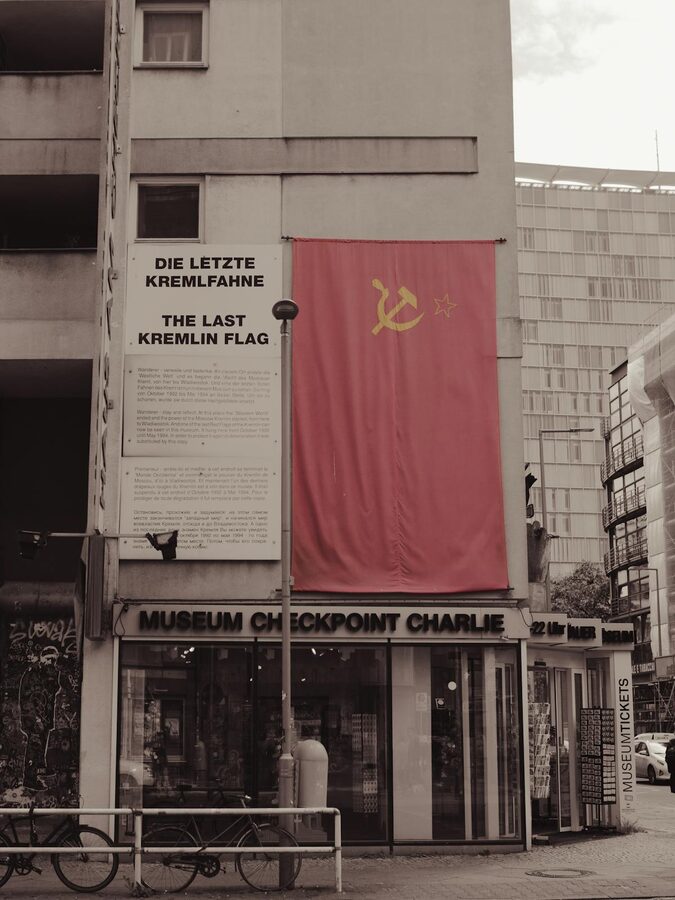 Soviet flag displayed at the Checkpoint Charlie Museum in Berlin