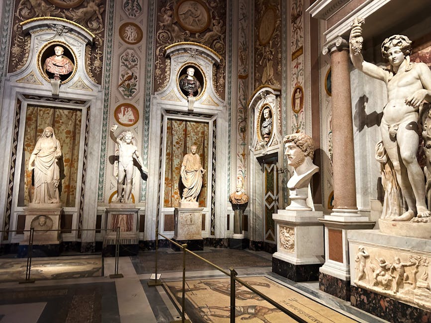 Marble sculptures displayed inside the Borghese Gallery, Rome