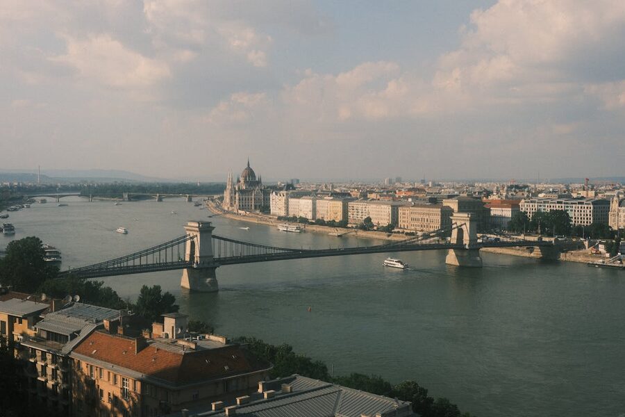 Aerial view of Budapest with Chain Bridge and Danube