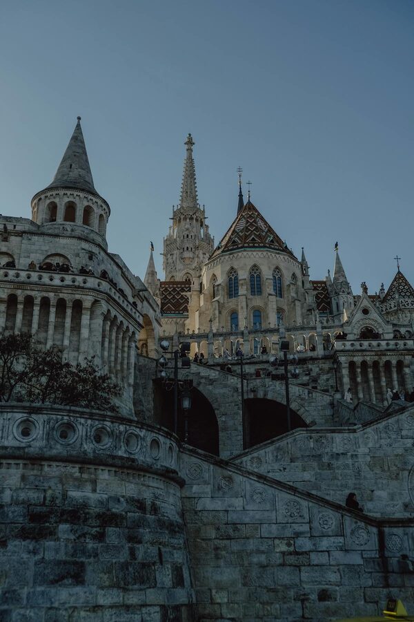 Fisherman's Bastion towers in Budapest at dusk