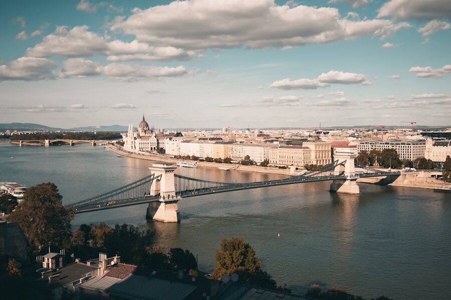 Aerial view of Budapest Chain Bridge over Danube