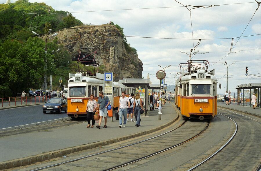 Yellow trams near Gellert Hill in Budapest