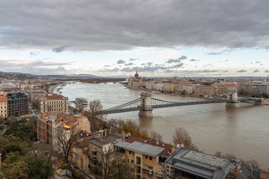 Budapest Chain Bridge and Parliament over Danube in autumn