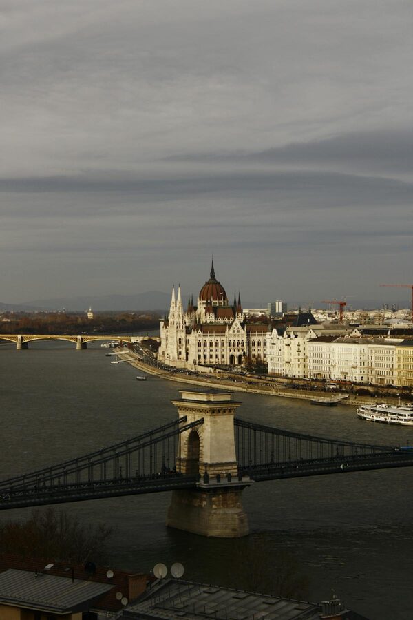 Budapest Parliament overlooking Danube on cloudy day