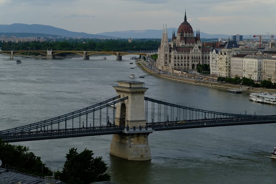 Aerial view of Budapest Chain Bridge and Parliament along Danube
