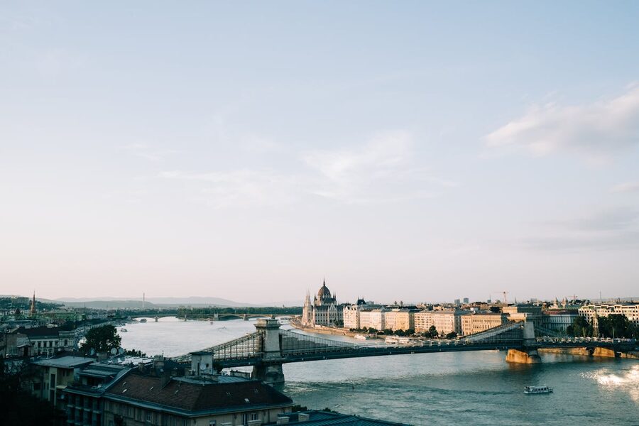 Chain Bridge and Parliament along Danube River Budapest