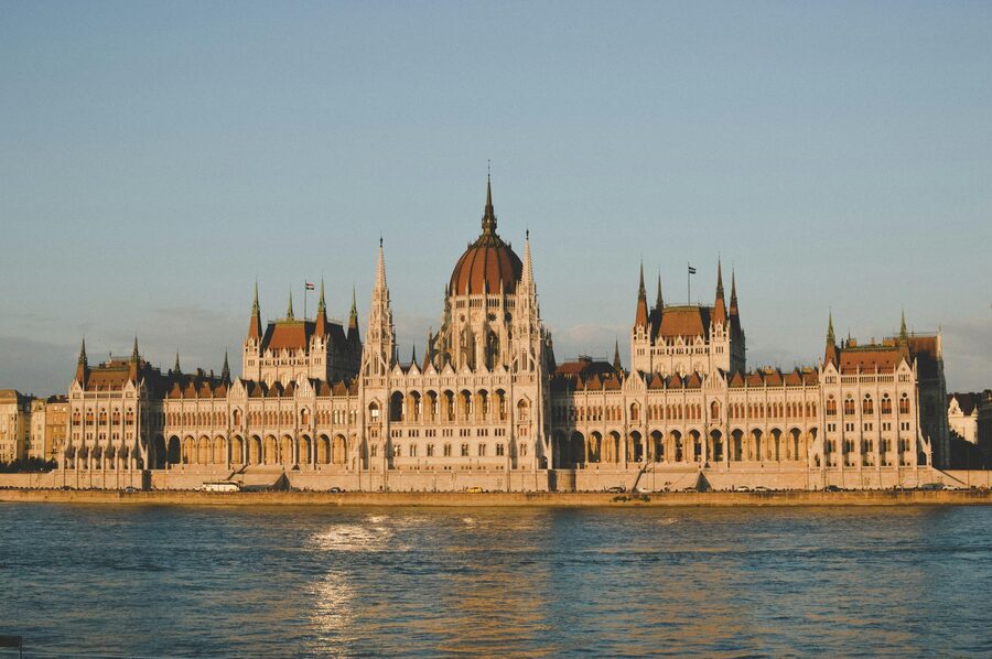 Hungarian Parliament at sunset by Danube