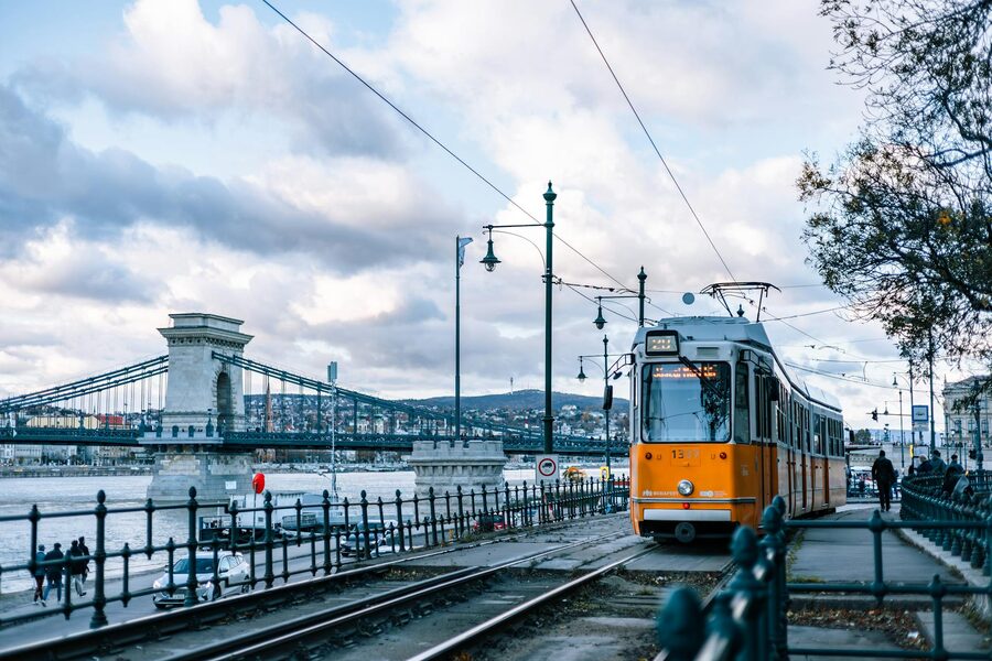 Tram beside Chain Bridge in Budapest