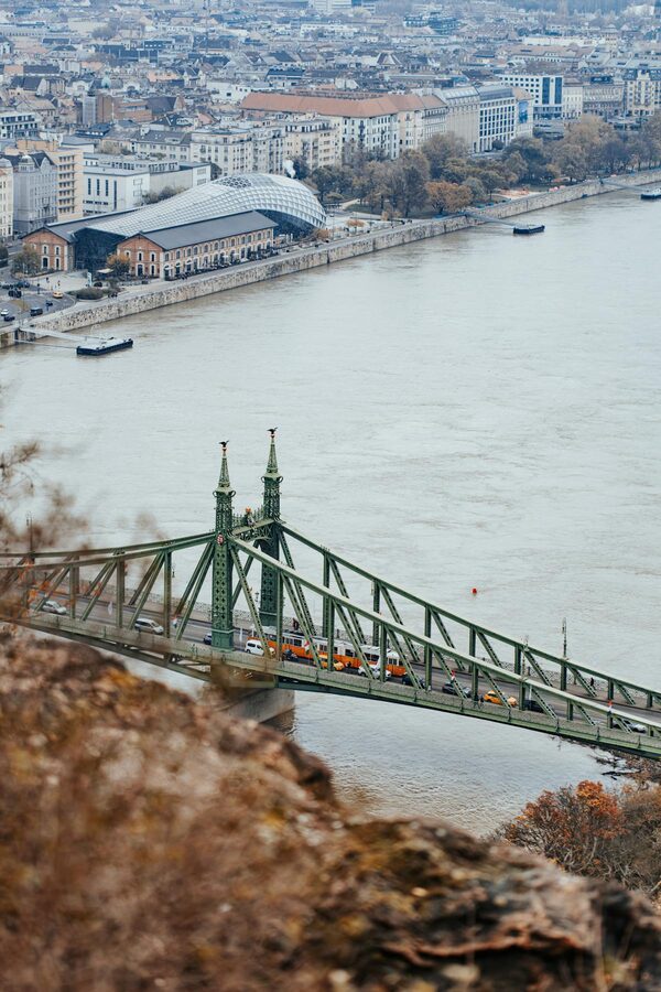 Aerial view Liberty Bridge over Danube Budapest
