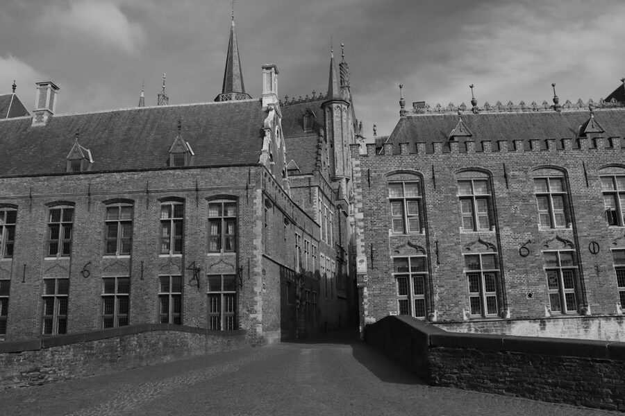 Bruges medieval street with colorful buildings