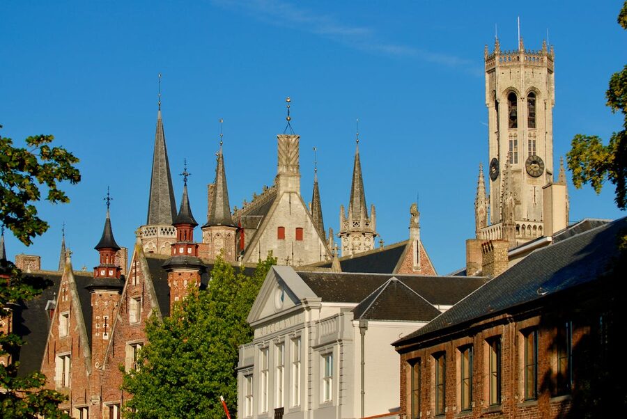 Bruges canal at sunset with reflections