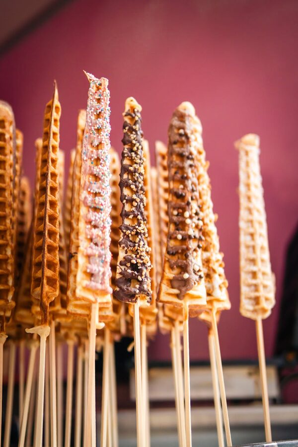 Belgian waffle pops with chocolate and sprinkles