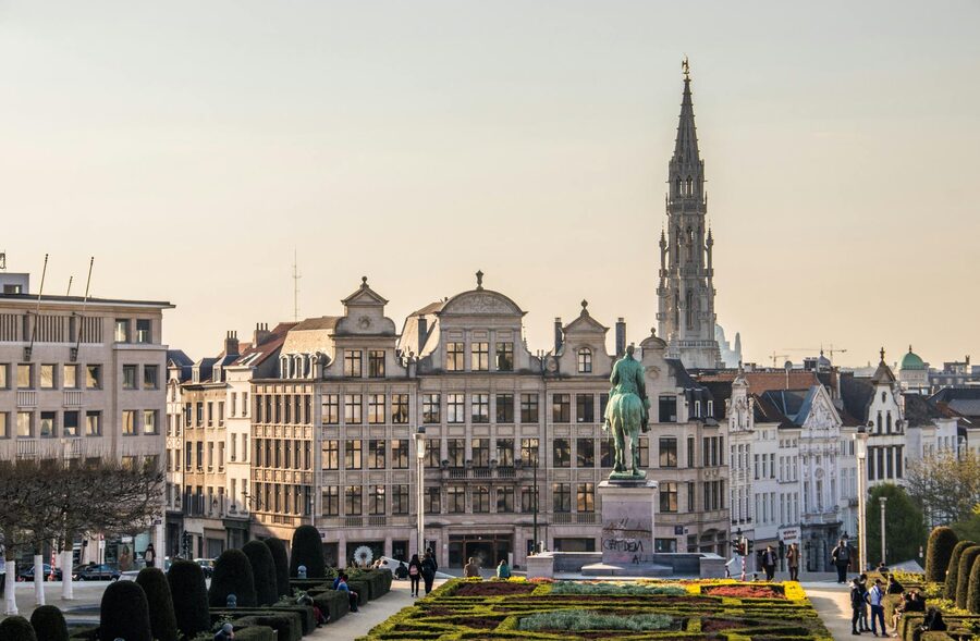 Brussels cityscape with Town Hall tower and gardens