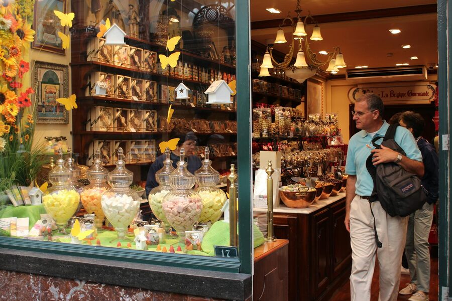 Brussels shop window with chocolates and sweets