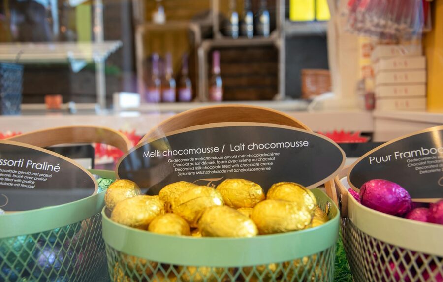 Belgian chocolate eggs in confectionary shop