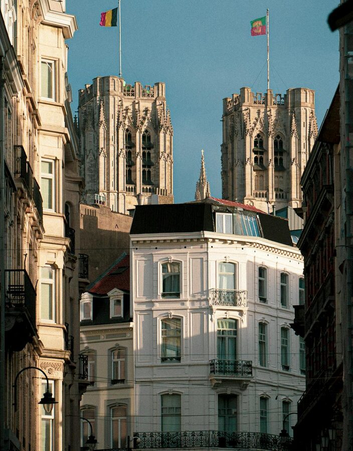 Urban scene with cathedral towers in Brussels