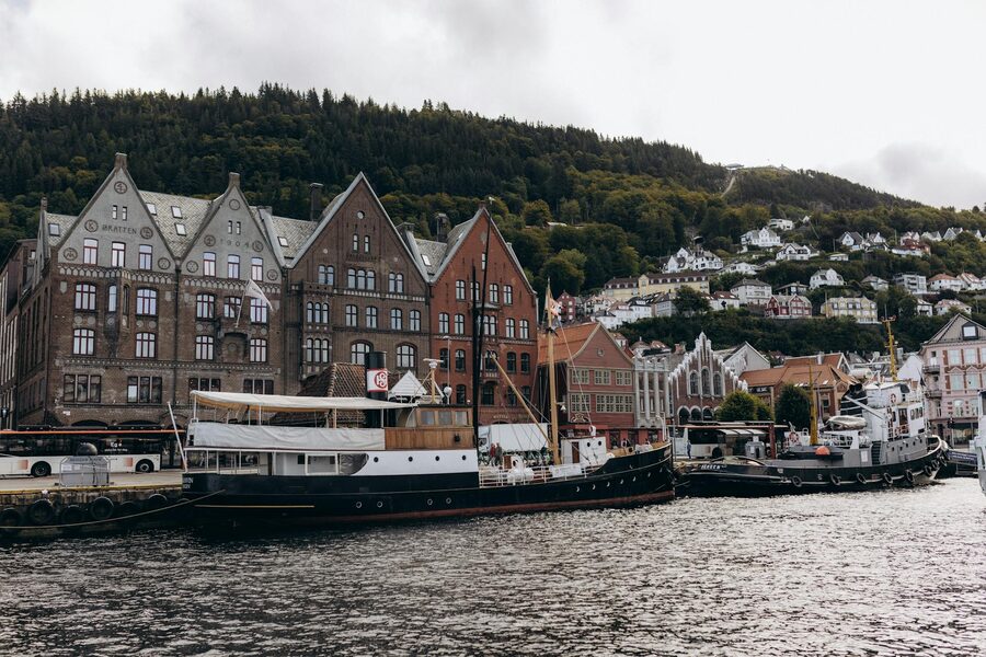 Bryggen wharf with boats moored in Bergen harbour