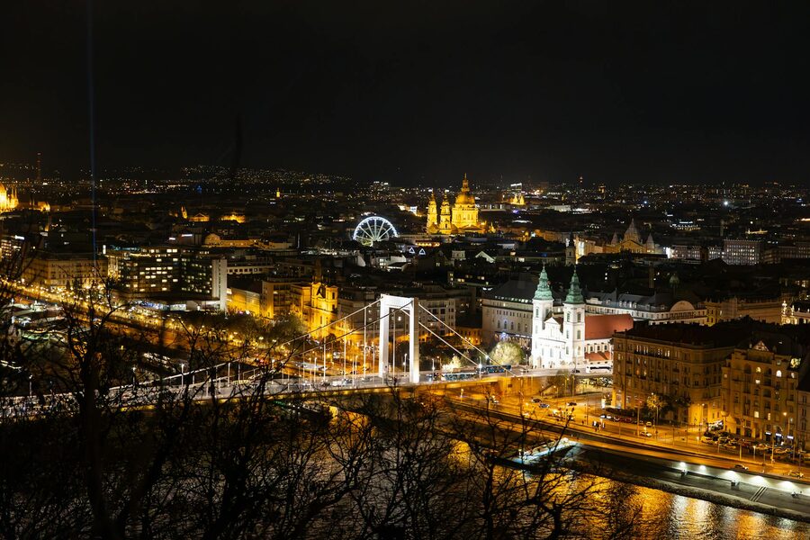Budapest at night with Elizabeth Bridge and Basilica illuminated