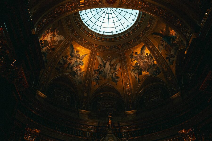 Ornate ceiling frescoes inside St Stephens Basilica