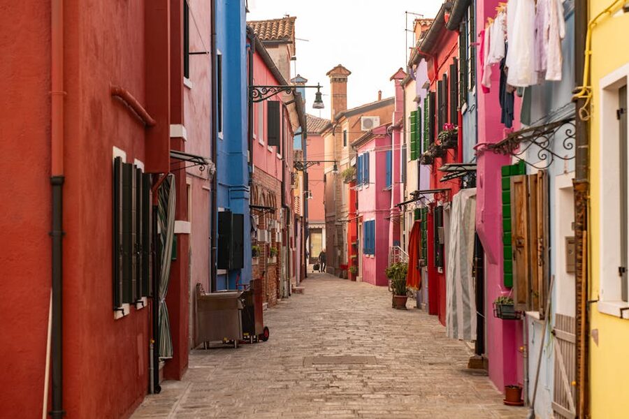 Picturesque street in Burano Venice with colorful houses