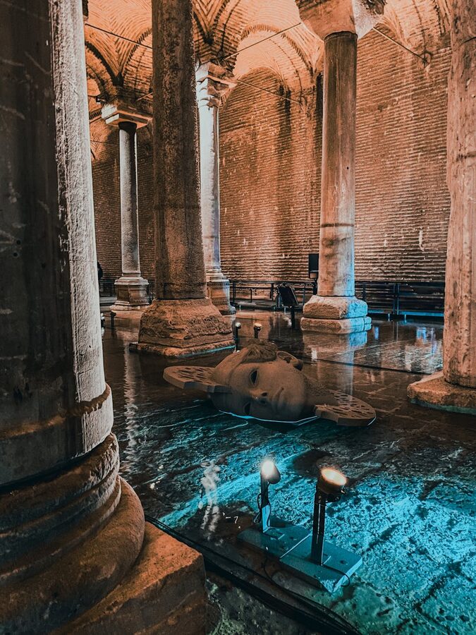 Byzantine cistern with illuminated columns and atmospheric lighting