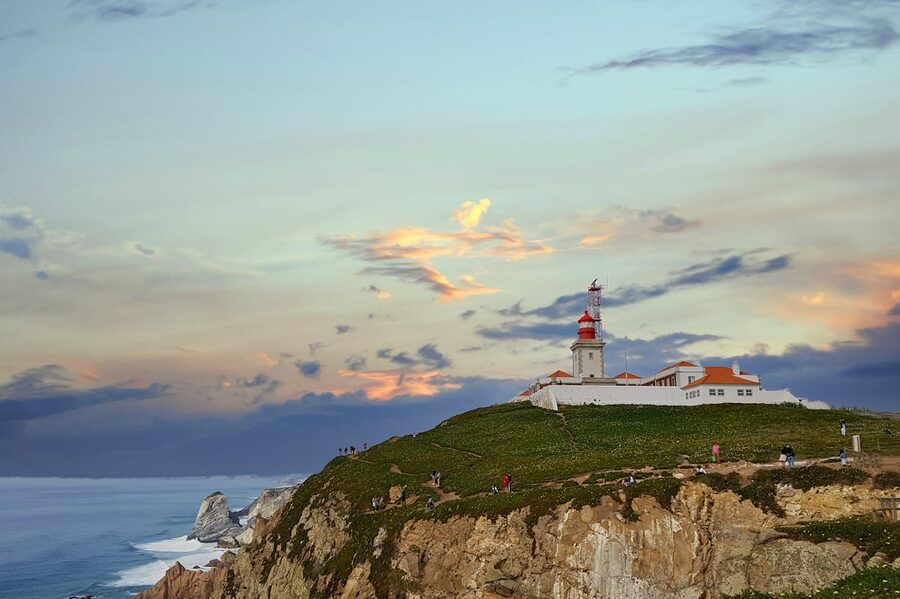Cabo da Roca lighthouse at sunset on the Lisbon coast in Portugal