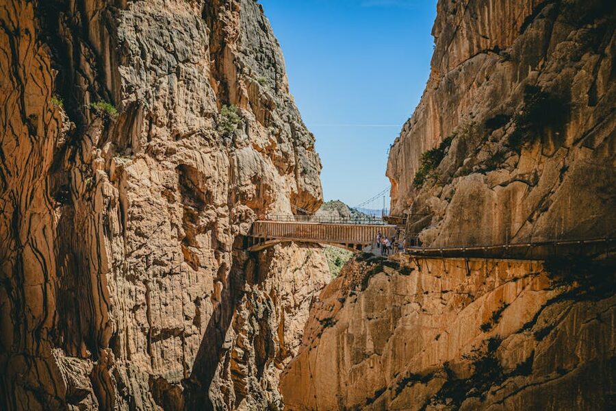 Suspended wooden walkway along the cliff wall of Caminito del Rey