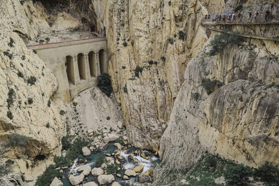 Wide view of the Caminito del Rey trail through the Ardales gorge