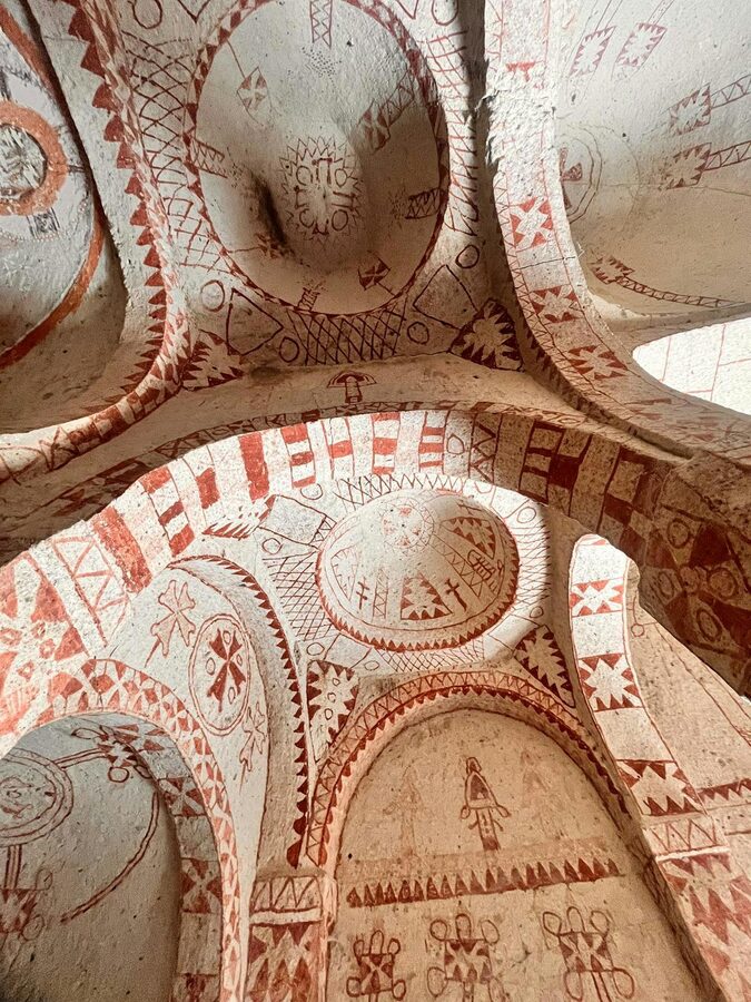 Colourful frescoes on cave church ceiling in Cappadocia