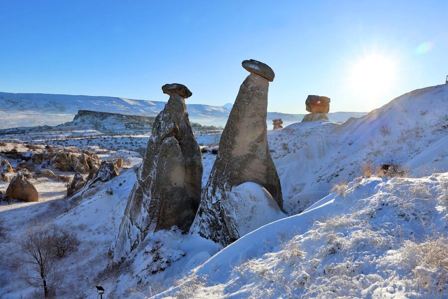 Snow-covered fairy chimneys in Cappadocia