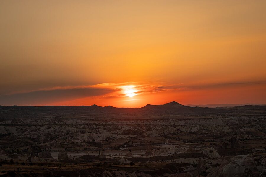 Sunset over Cappadocia rock formations