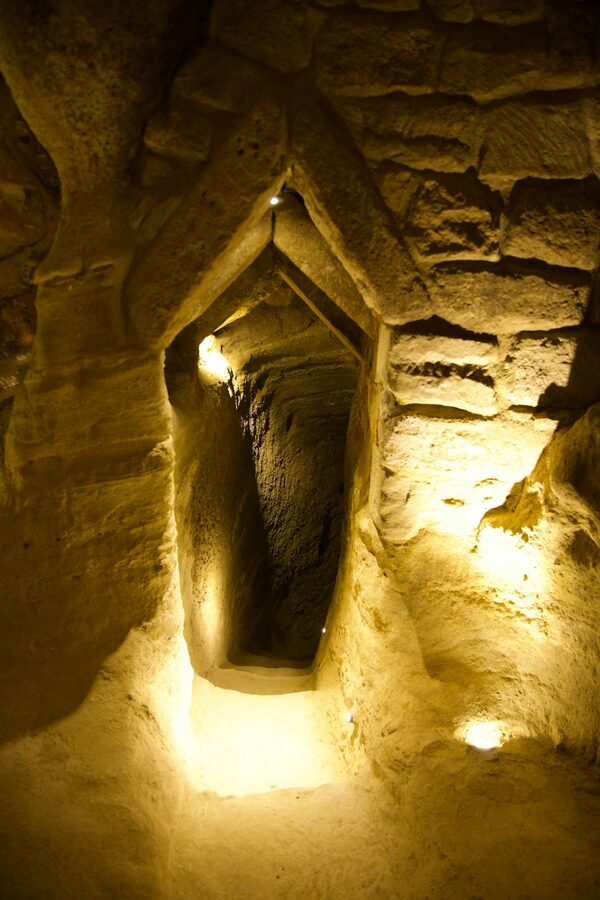 Illuminated underground cave tunnels in Cappadocia