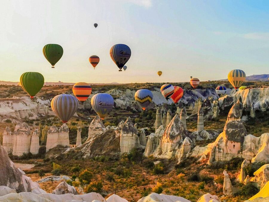 Cappadocia balloons against pink sky
