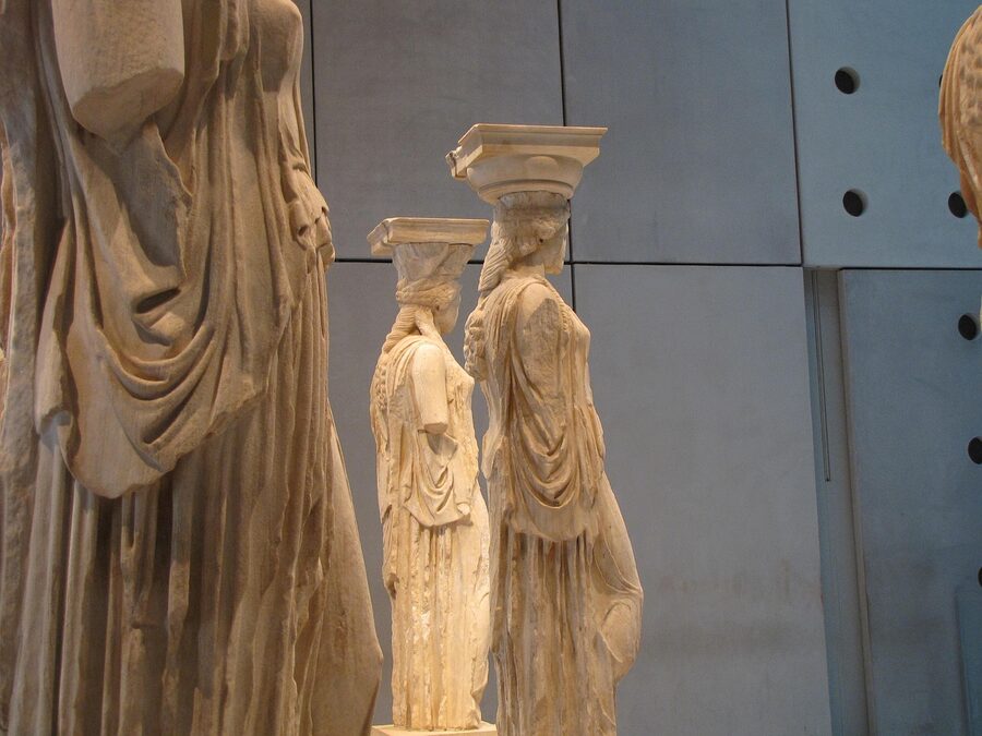 Caryatid sculptures displayed at the Acropolis Museum in Athens