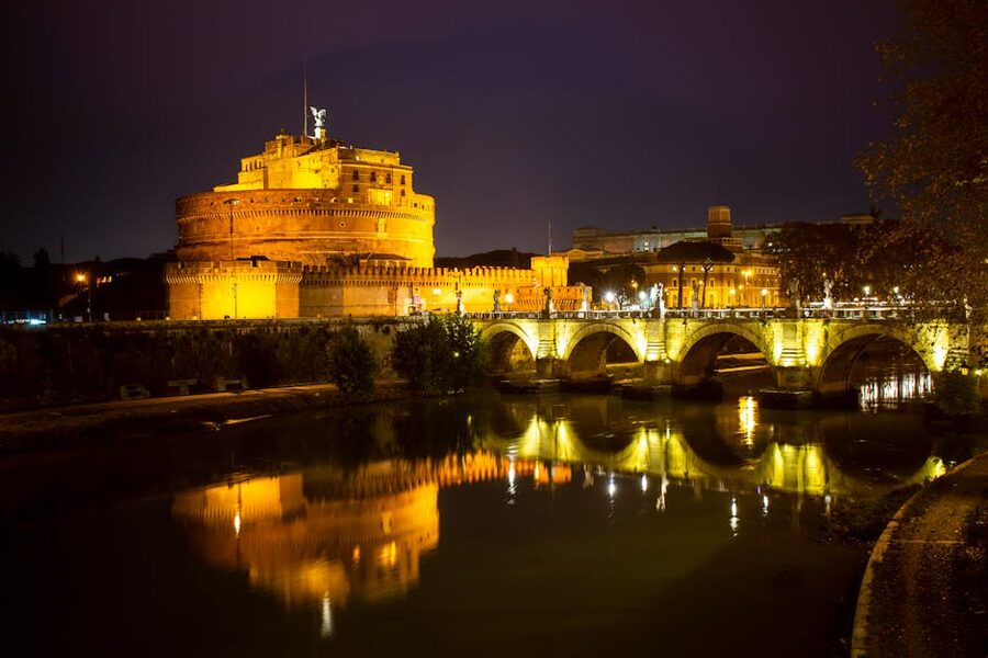Castel Sant'Angelo night view and reflection over Tiber
