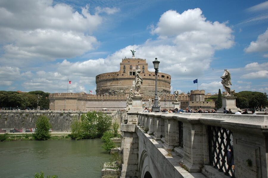 Bernini angels on Ponte Sant'Angelo with Castel Sant'Angelo behind, Rome