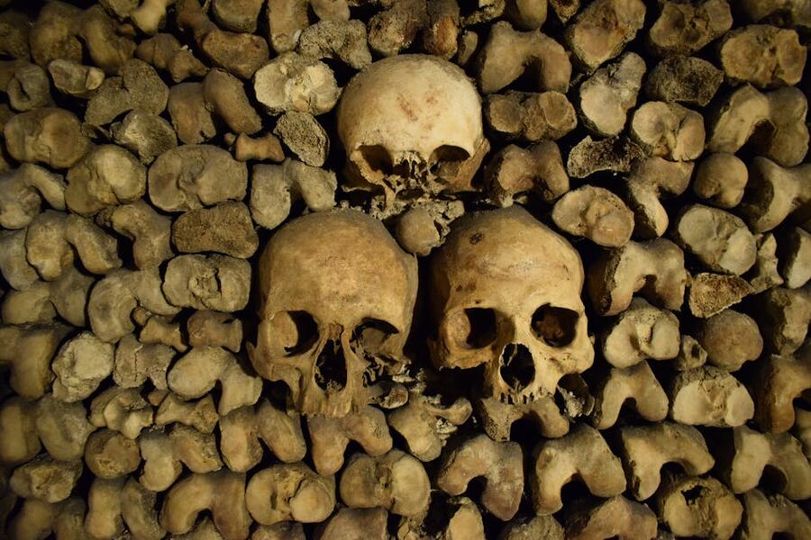 Skulls and bones stacked in catacombs