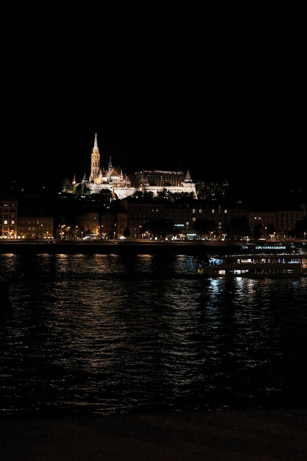 Matthias Church and Buda Castle illuminated at night