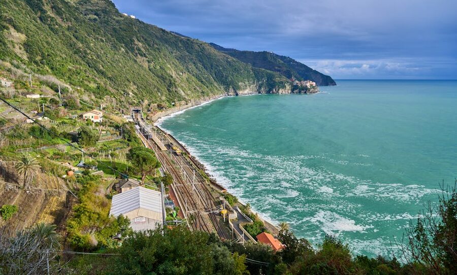 Aerial view Cinque Terre coastline with railway