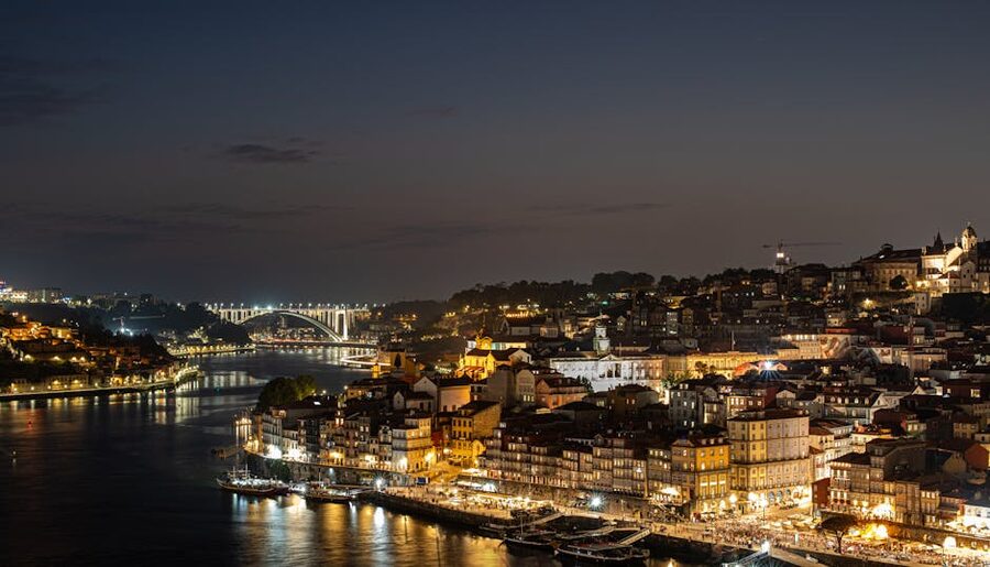 Porto night view illuminated waterfront