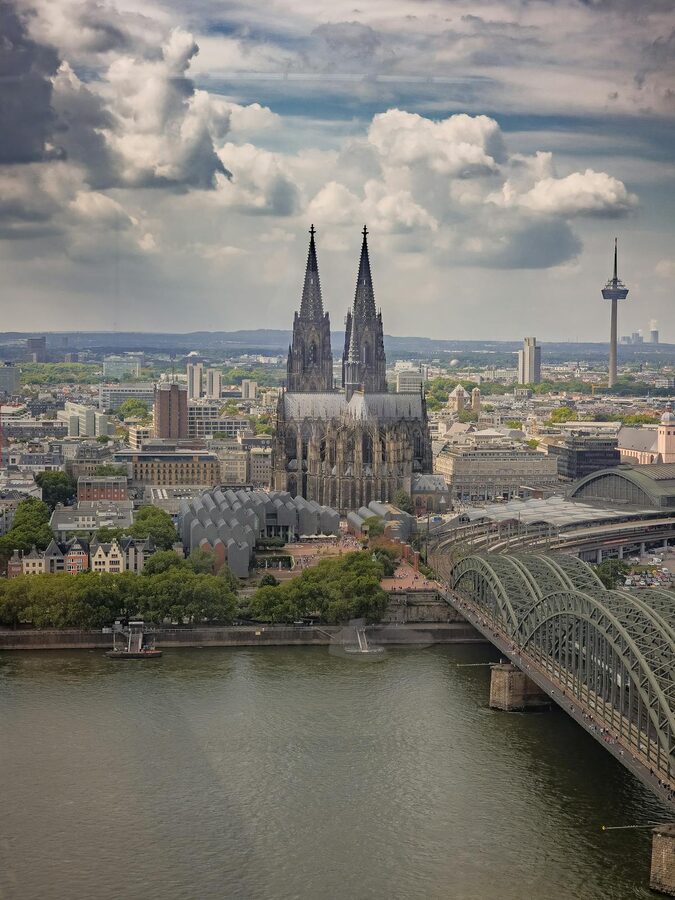 Aerial view of Cologne Cathedral and surrounding city with Rhine River