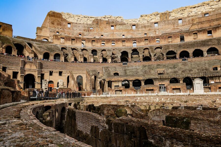 Interior view of Colosseum ancient stone ruins and arches