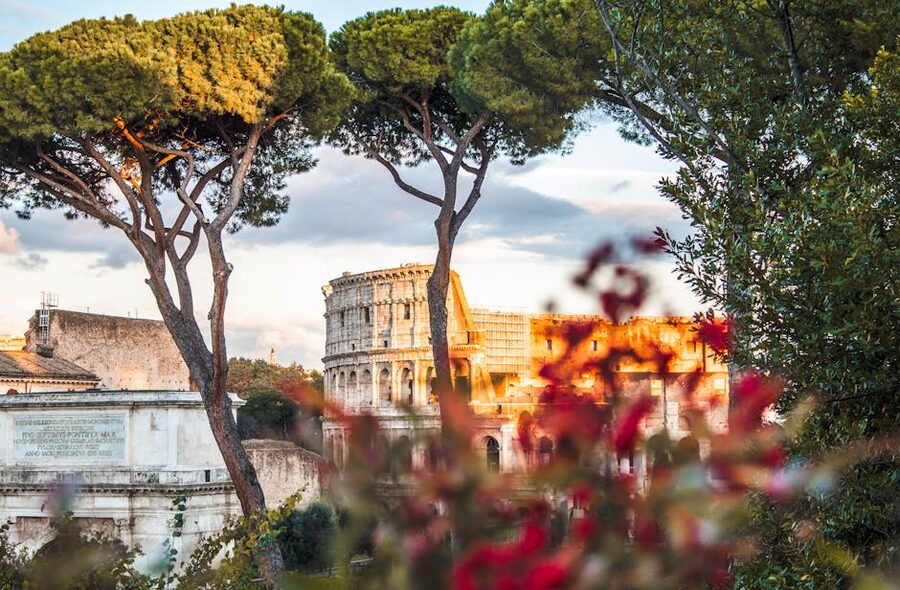 Colosseum framed by trees and flowers in Rome Italy